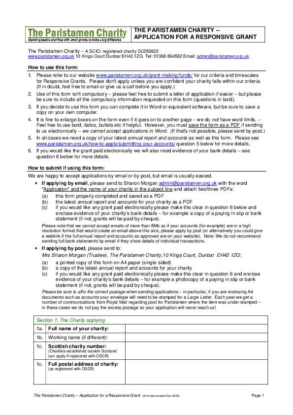 New application form for Responsive Grants – The Paristamen Charity